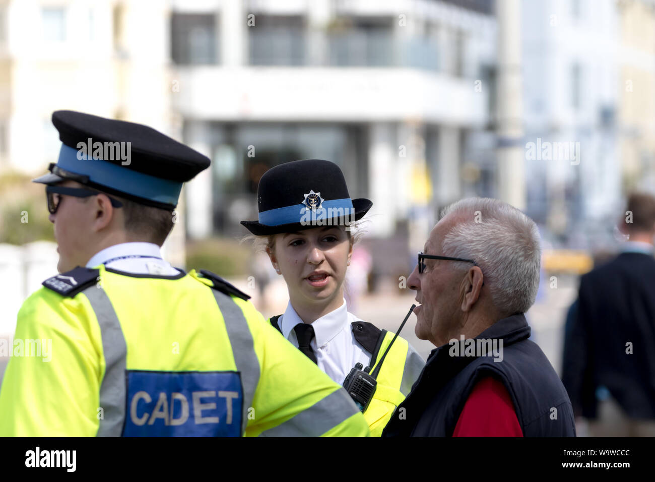 Eastbourne, UK. 15 Aug 2019. Police Community Support Officers patrol ...