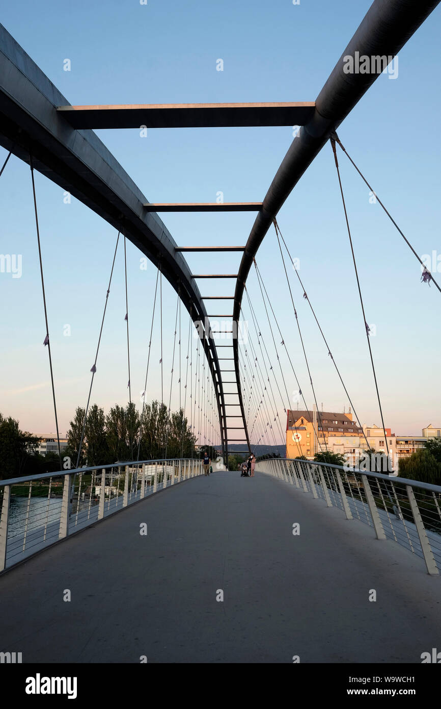 A view of the three countries bridge which links the towns of Huningue ...