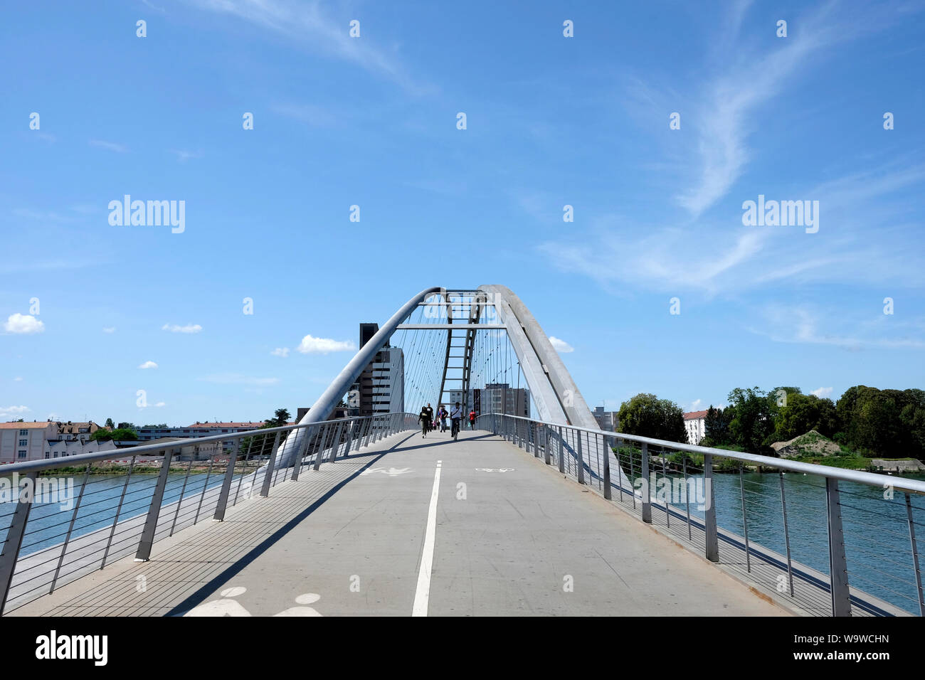 A view of the three countries bridge which links the towns of Huningue ...