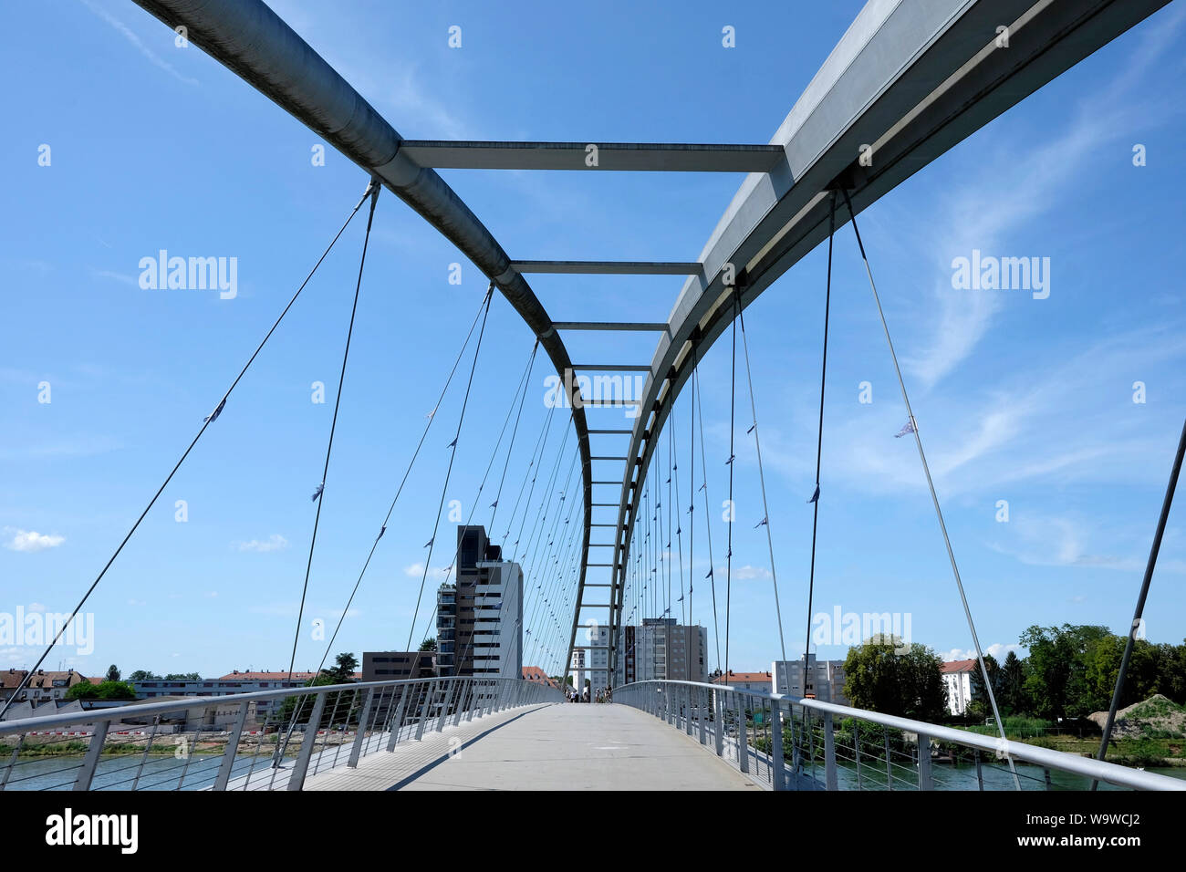A view of the three countries bridge which links the towns of Huningue ...