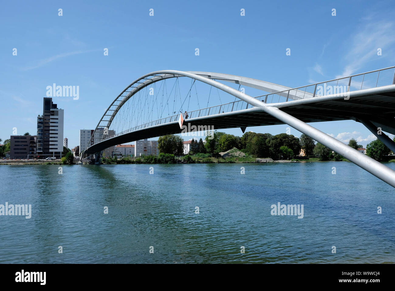 A view of the three countries bridge which links the towns of Huningue ...