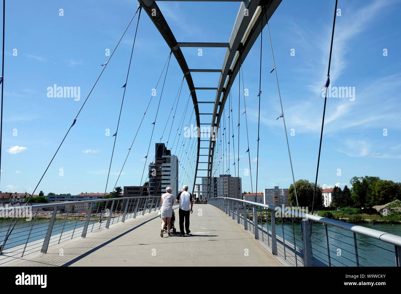 A view of the three countries bridge which links the towns of Huningue ...