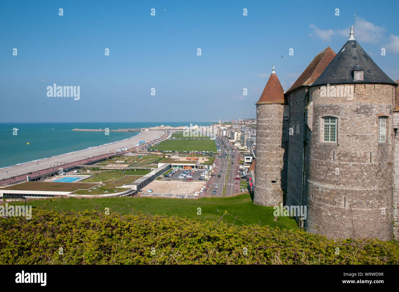 View over Dieppe seafront with part of Dieppe castle, which is now a ...