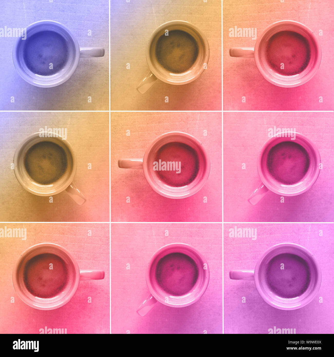 Coffee cups in bold colors, photo collage in colorful pop art style ...