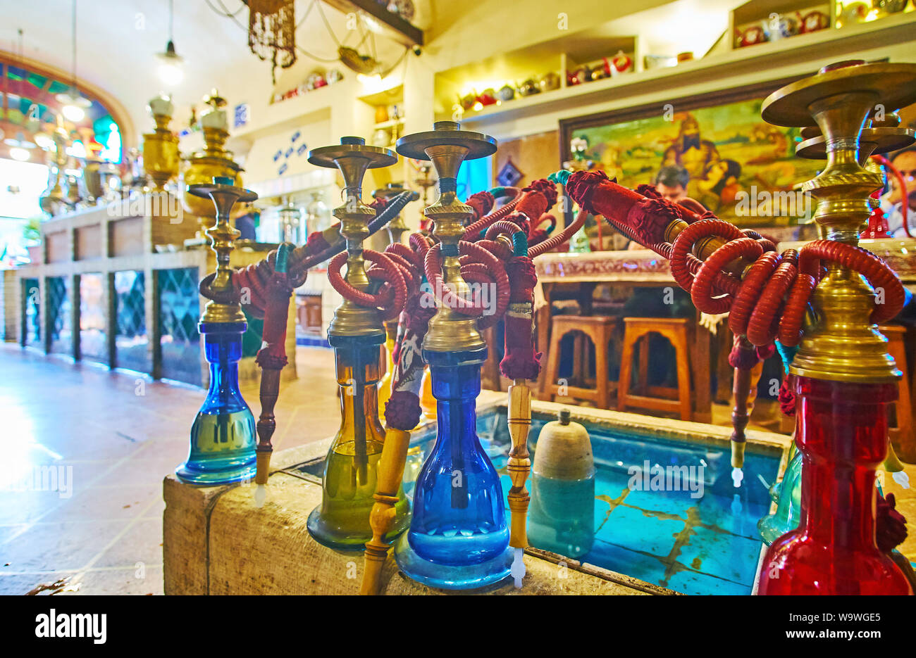 TEHRAN, IRAN - OCTOBER 25, 2017: The smoking shishas (hookah pipes) at ...