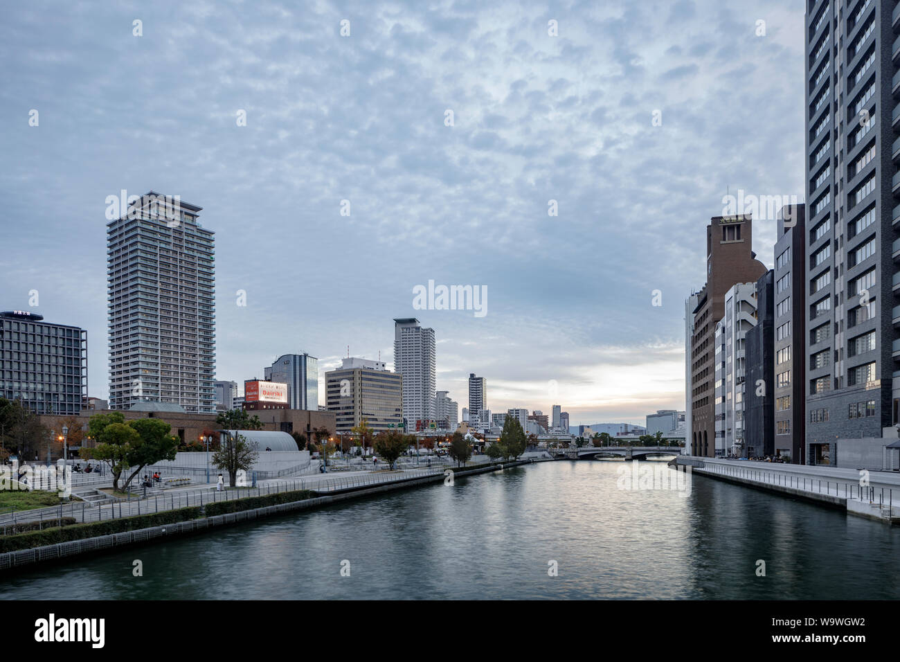 High rise buildings overlooking the O River in Osaka, Japan Stock Photo ...