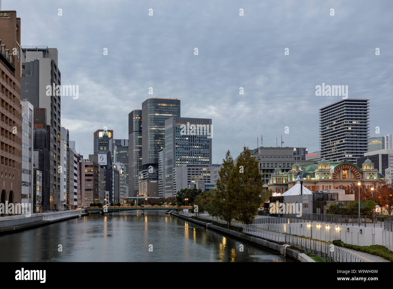 High rise buildings overlooking the O River in Osaka, Japan Stock Photo ...