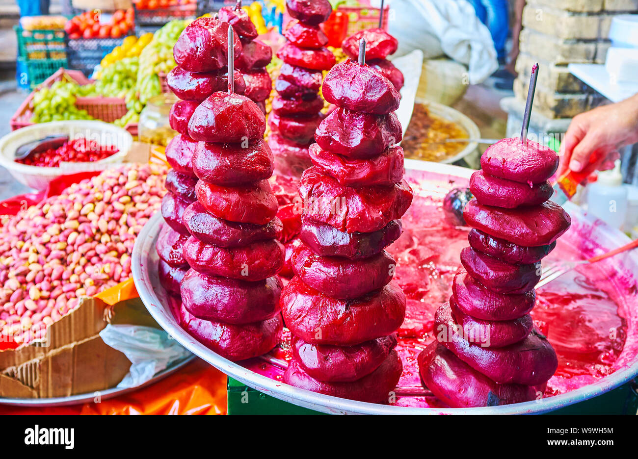 The boiled beetroots on the sticks in street food stall, located in ...