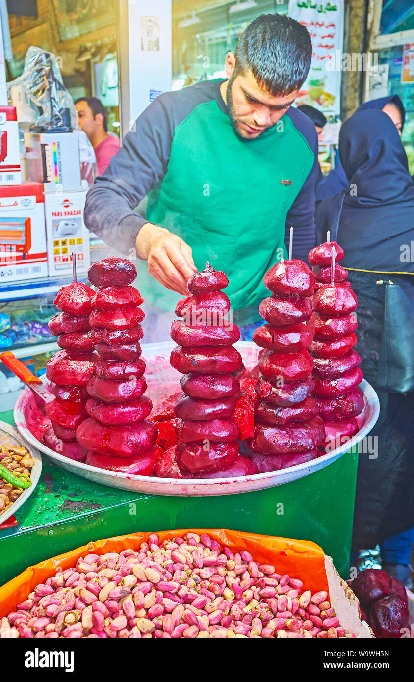 TEHRAN, IRAN - OCTOBER 25, 2017: The food stall in Tajrish Bazaar with ...