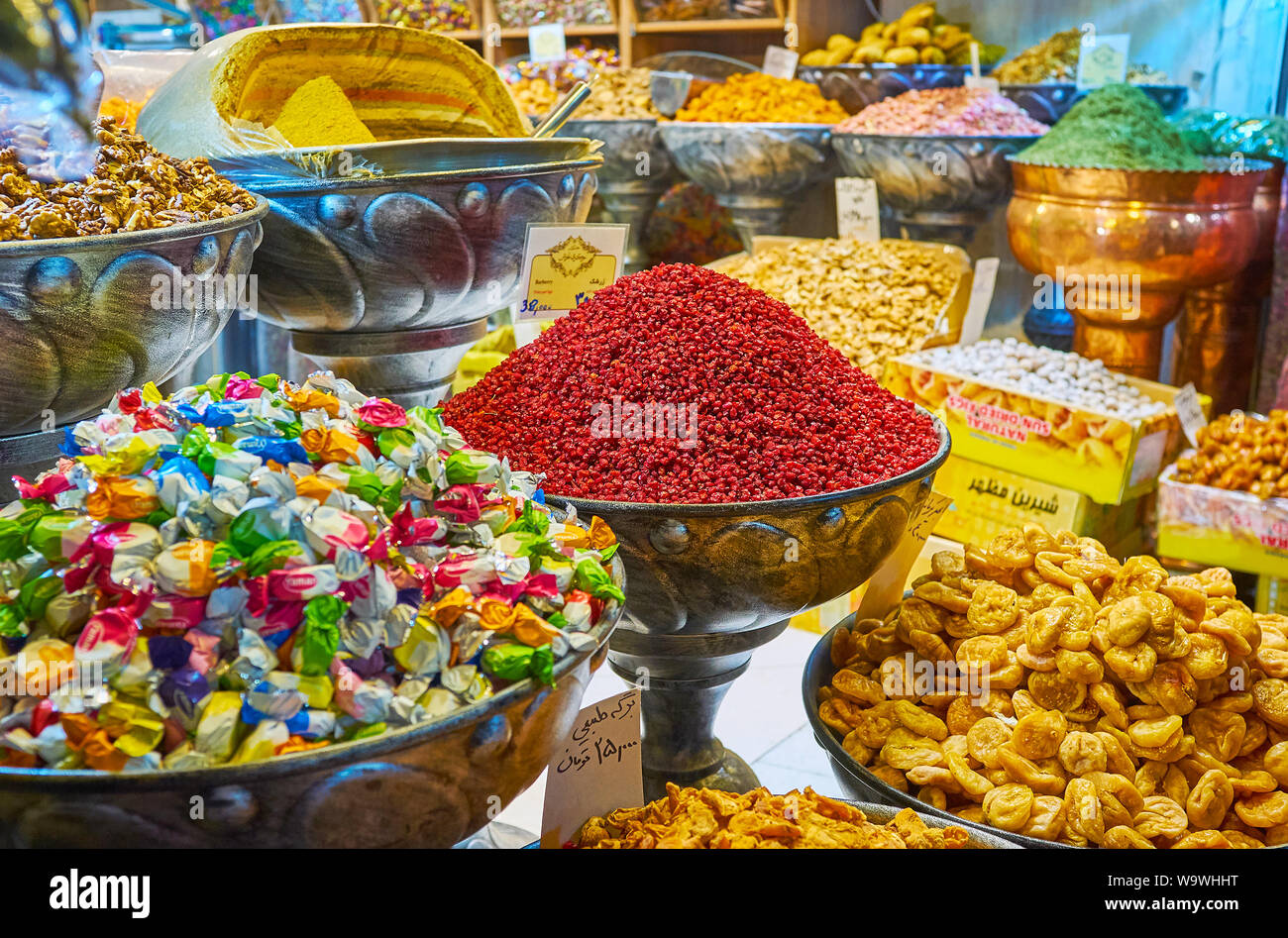 TEHRAN, IRAN - OCTOBER 25, 2017: Big metal vases with candies, dried ...
