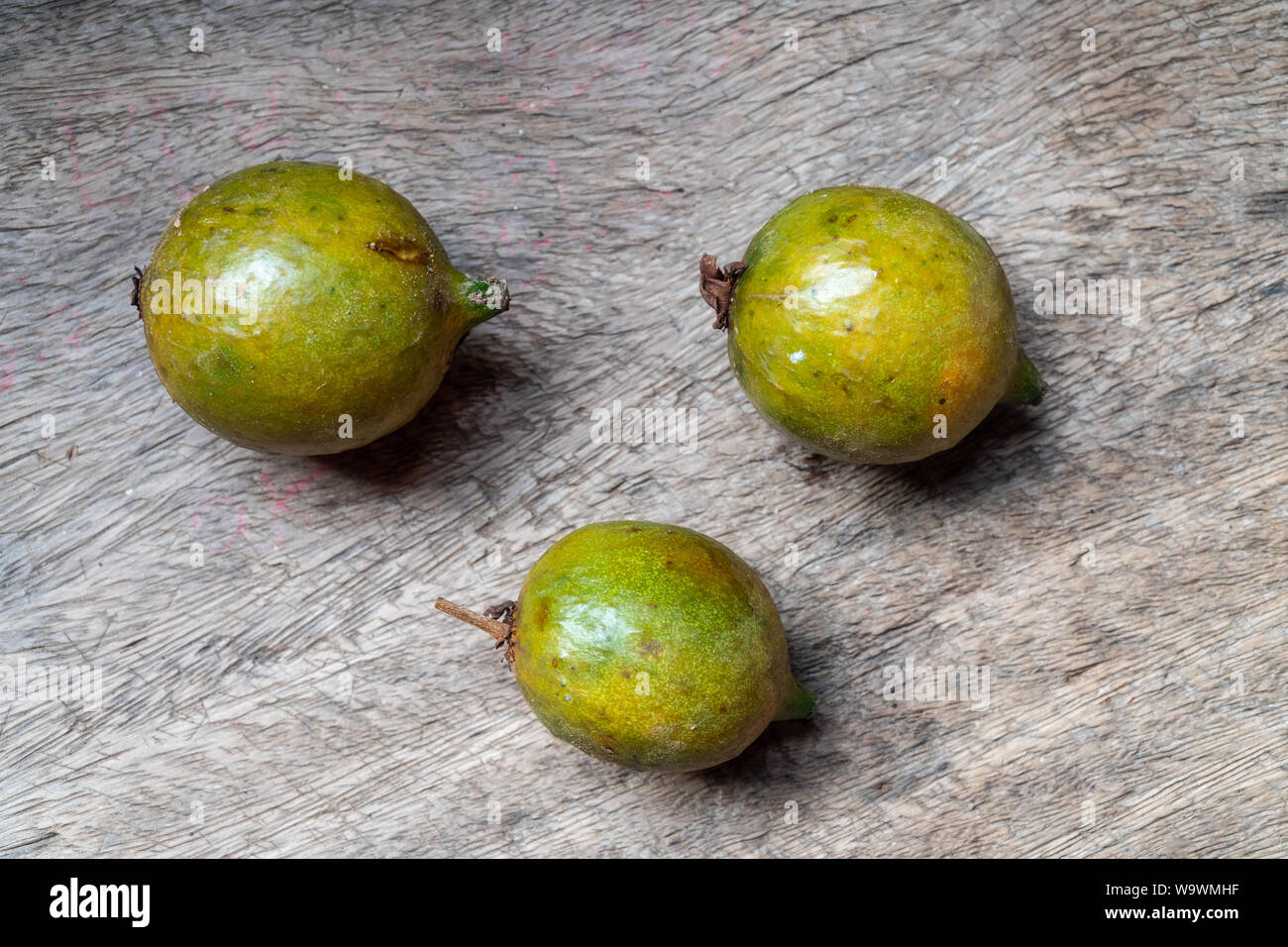 Close-up of exotic fruit Grugru nuts "Macauba" on wooden background ...