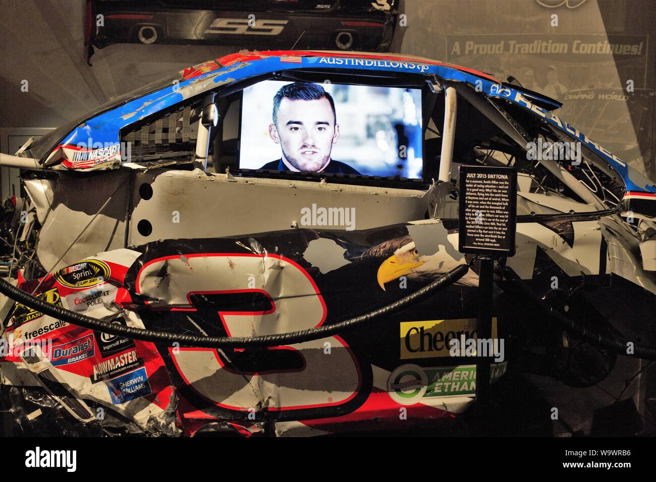 Austin Dillon's crashed car and video display at Bass Pro Shops ...