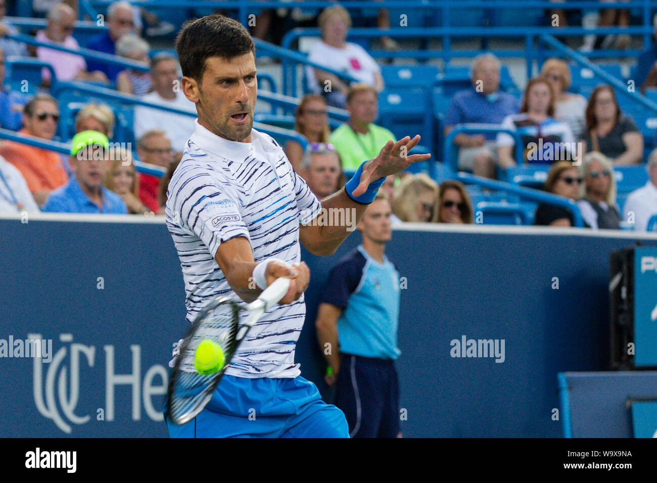 Mason, Ohio, USA. 15th Aug, 2019. Novak Djokovic (SRB) hits a forehand ...