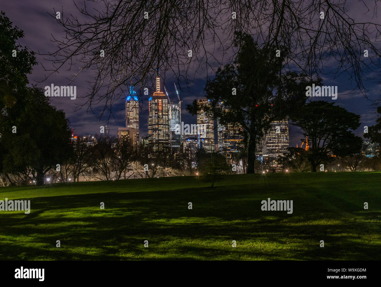 Melbourne skyline at night viewed from botanical park Stock Photo - Alamy