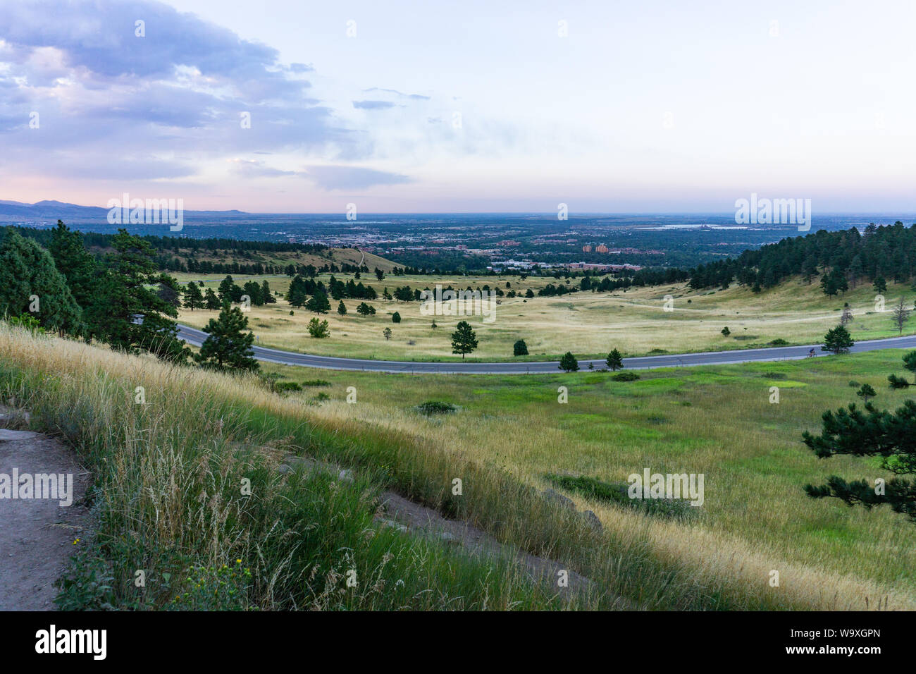 Boulder Colorado at sunset as seen from flatirons hiking trails Stock ...