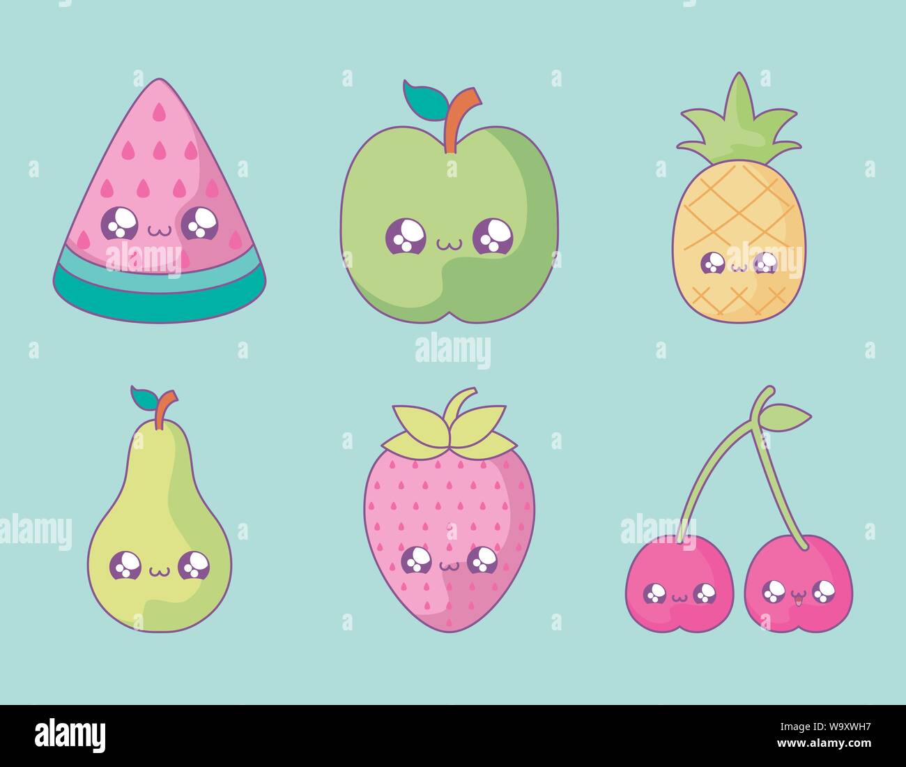 set of cute fruits style kawaii vector illustration design Stock Vector ...