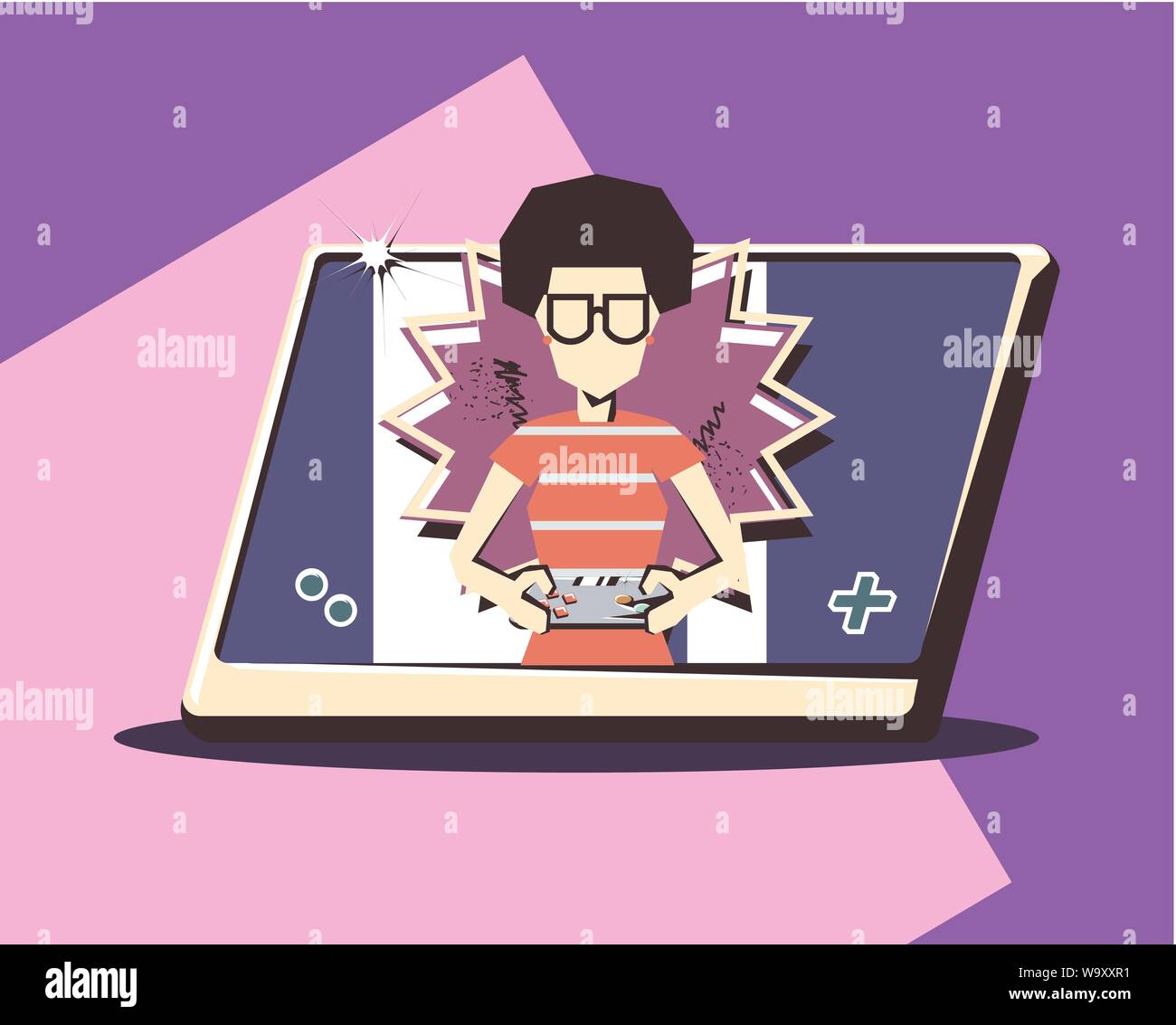 retro videogames design with avatar man with tablet device over purple ...