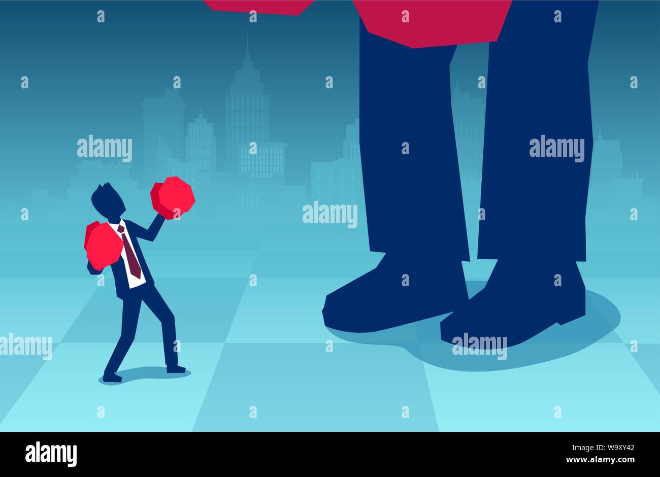 Vector of a small businessman in boxing gloves fighting a big boss ...
