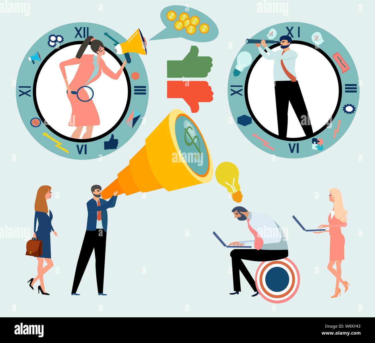 Vector of a business team working on marketing strategy to achieve ...