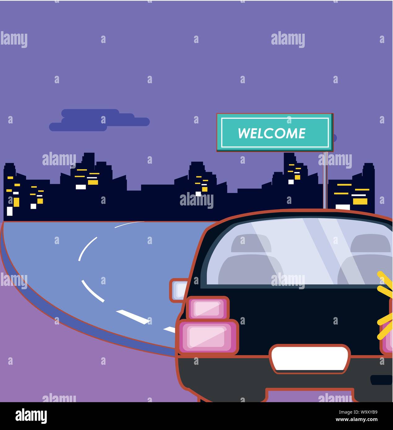 car on the road and welcome board over purple background, colorful ...