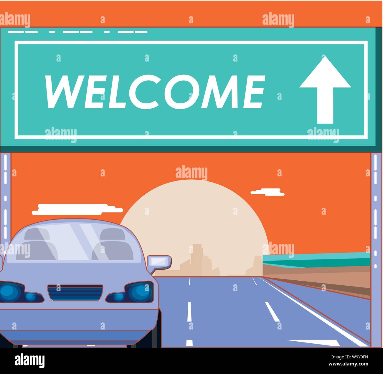 welcome board and car on the road over sunset landscape background ...