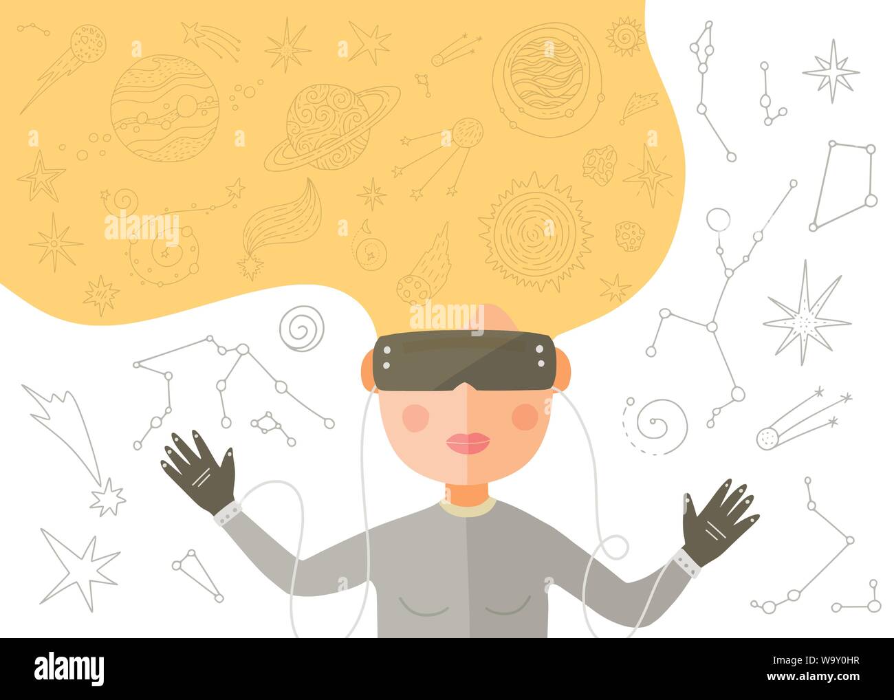 Virtual reality vector card. Girl playing a virtual game. Cartoon flat ...