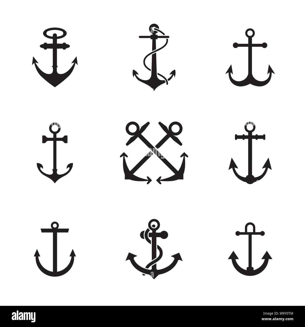 Set of nine anchor signs vector illustration. Sailing and navy symbols ...