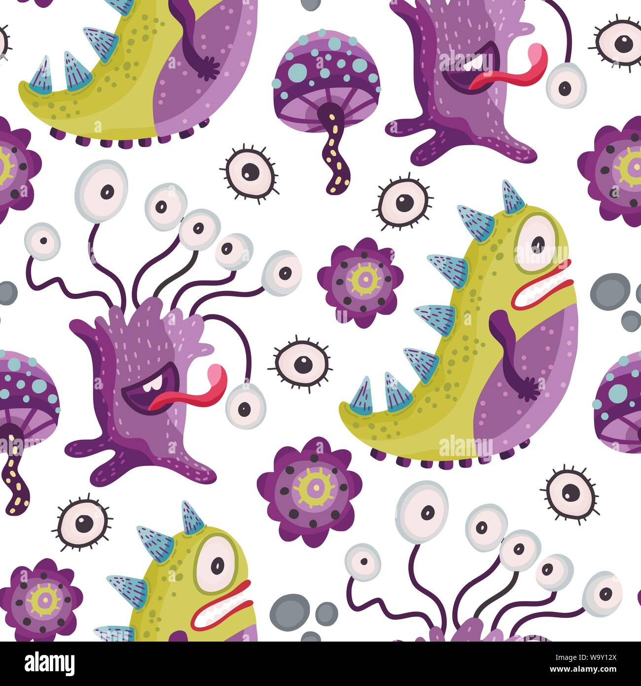 Cute cartoon vector seamless pattern with cute color monsters in a flat ...