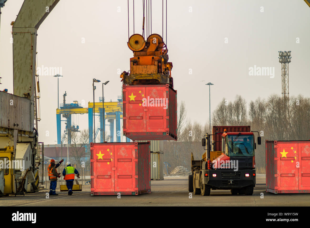 cargo container with the china flag during unloading at the port Stock ...