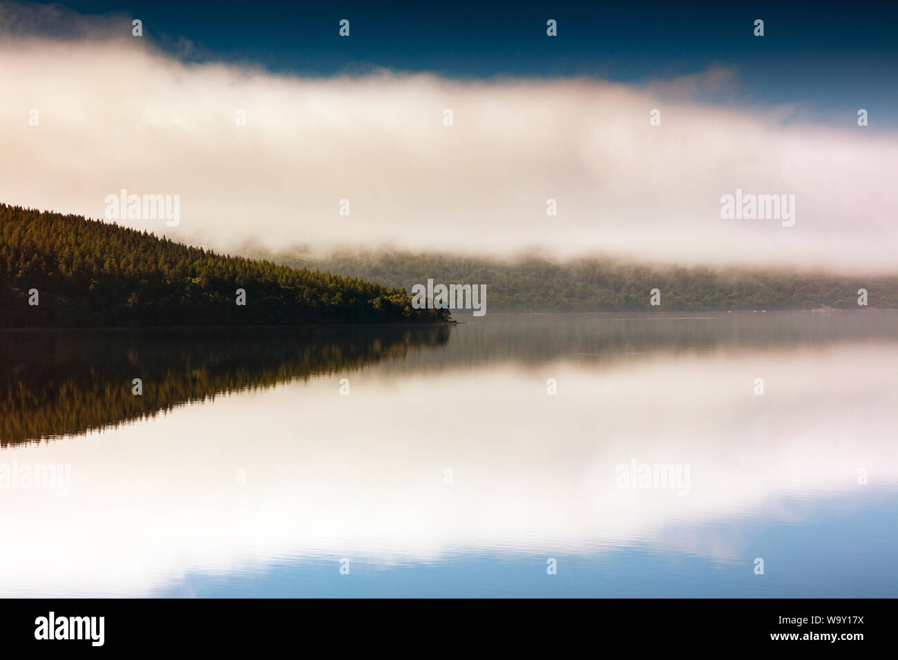 Mist over lake, morning light, Loch Ness, Scottish Highlands, Scotland ...