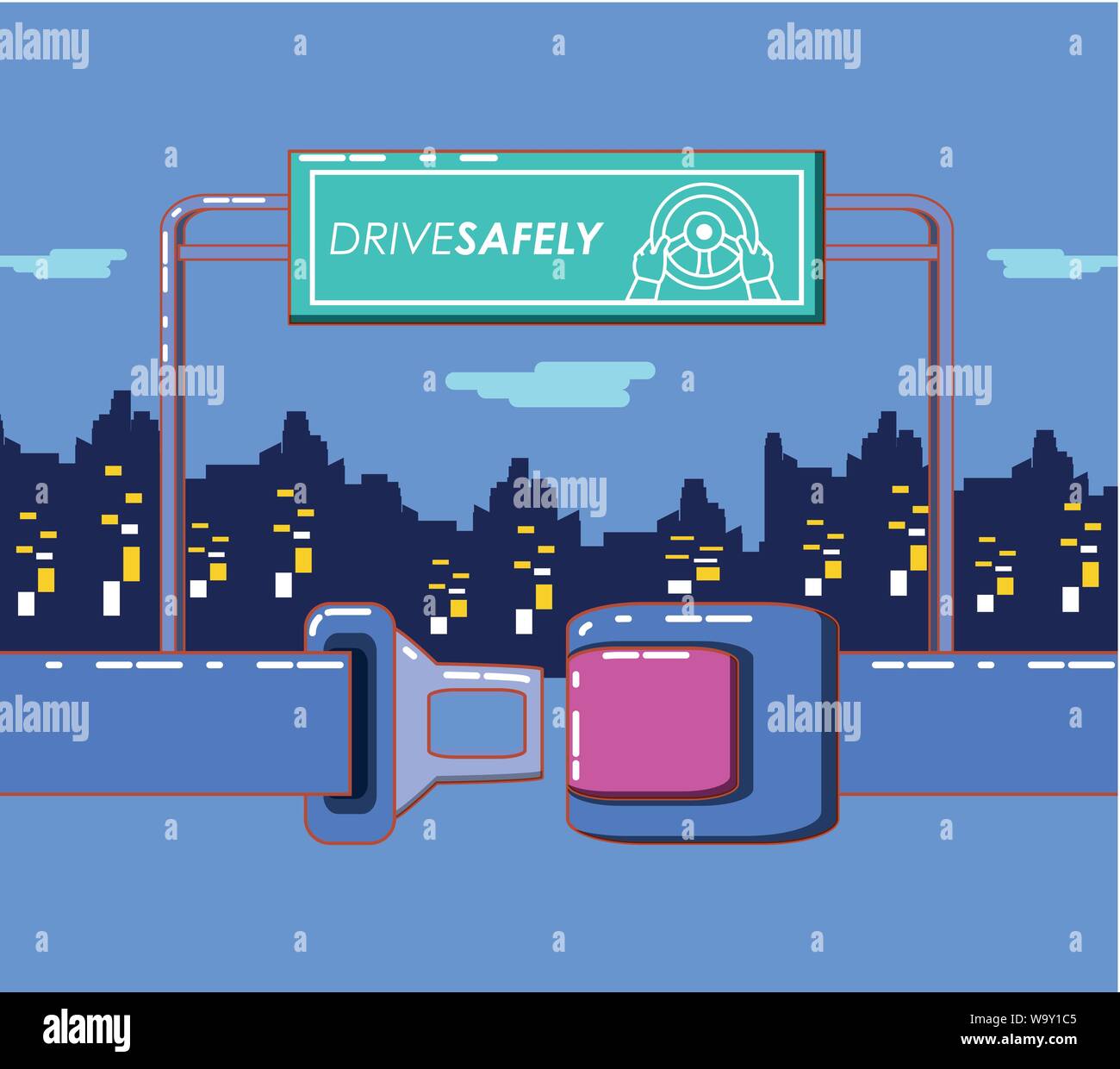 drive safely design with seat and board sign over city buildings and ...