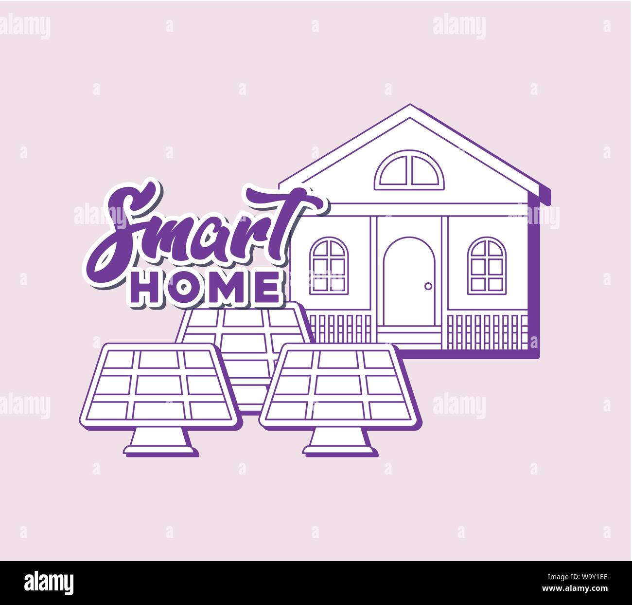 smart home design with solar panels and house over purple background ...