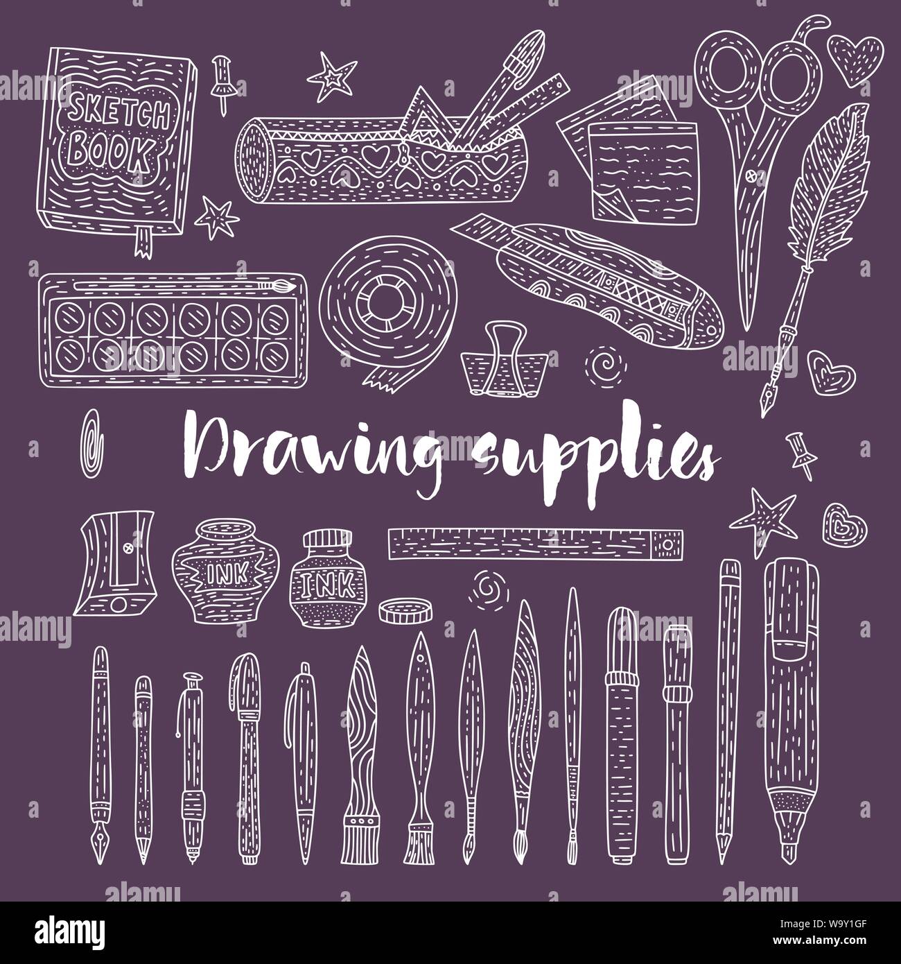Drawing accessories outline vector set. Doodle color drawing supplies ...
