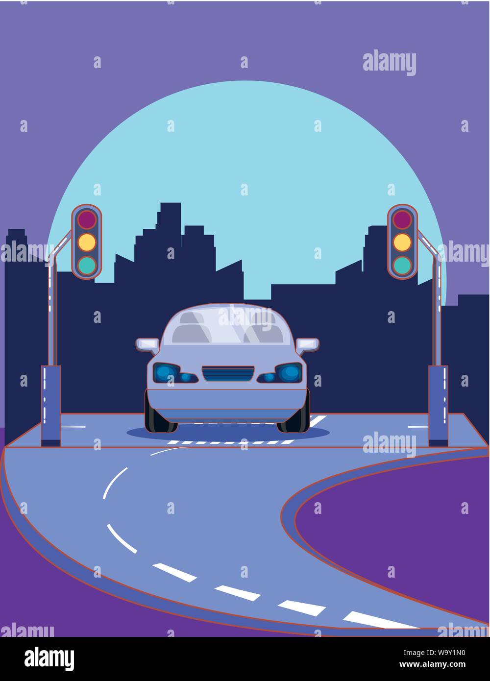 car on the road and street lights over purple background, colorful ...