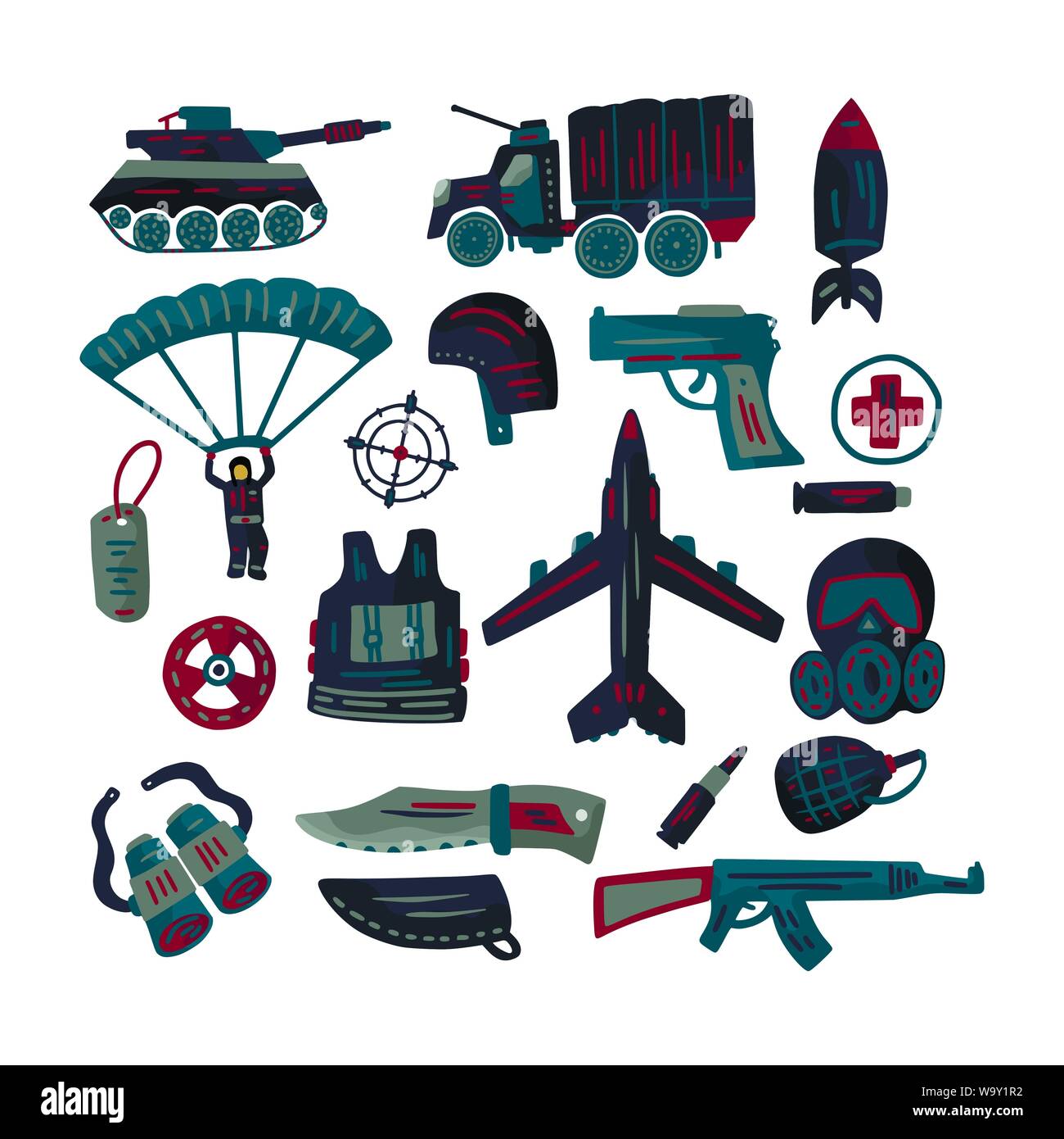 Military and army flat icon vector set with tank, parachute, helmet ...