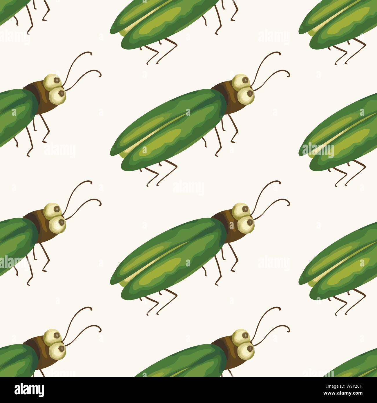Seamless vector pattern with cute 3d firefly insect. Illustration with green garden .glowworm ...