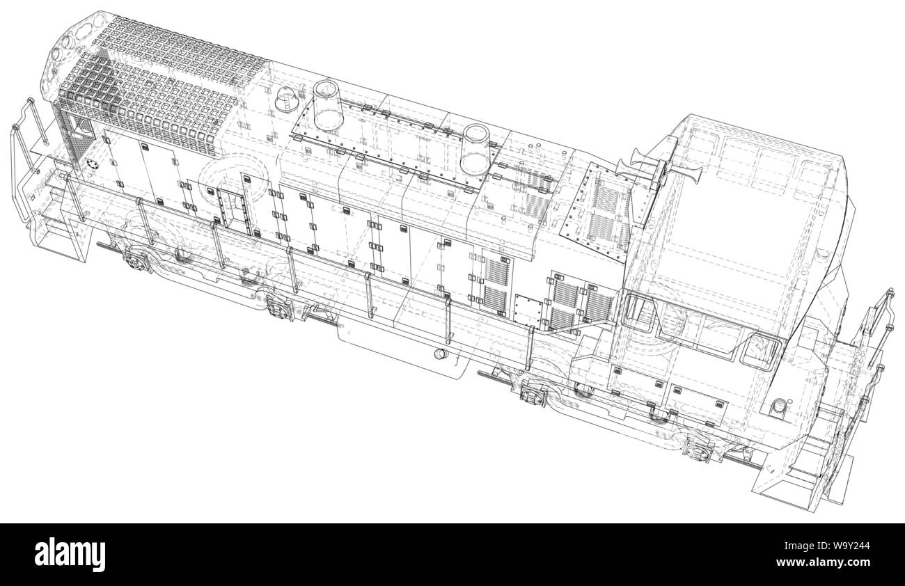 Train engines. Technical wire-frame. Vector rendering of 3d. EPS10 ...