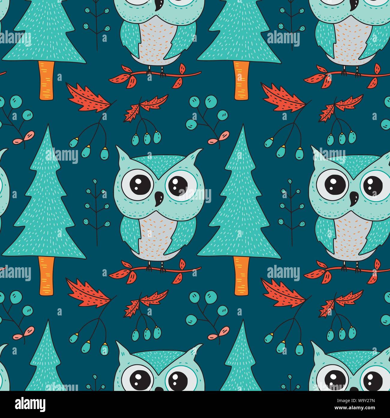 Seamless vector forest pattern with cute color illustrations - owls and ...