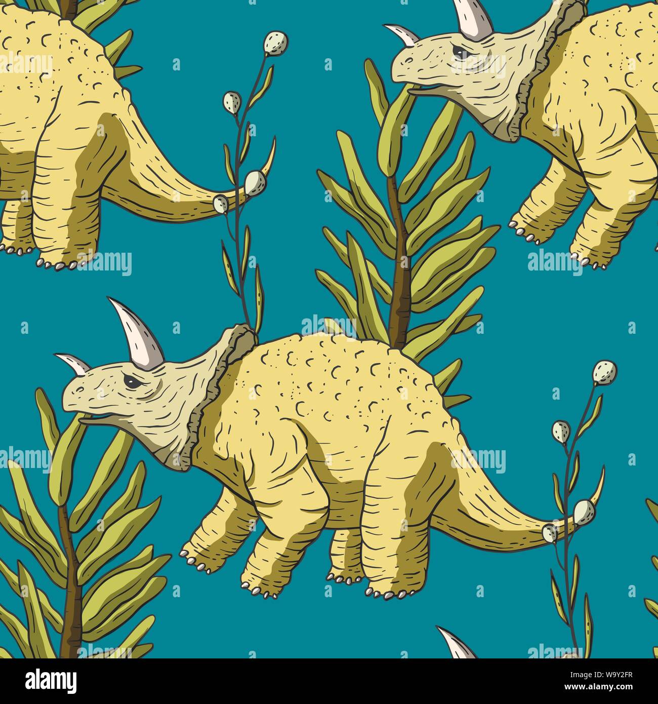 Triceratops Dinosaur Seamless pattern. Jurassic and Cretaceous animal ...