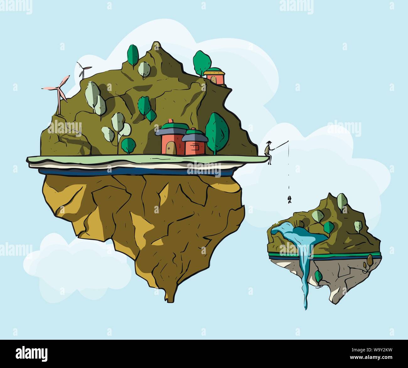 Floating island, 3d fantasy earth, green landscape. Cartoon magic eco ...