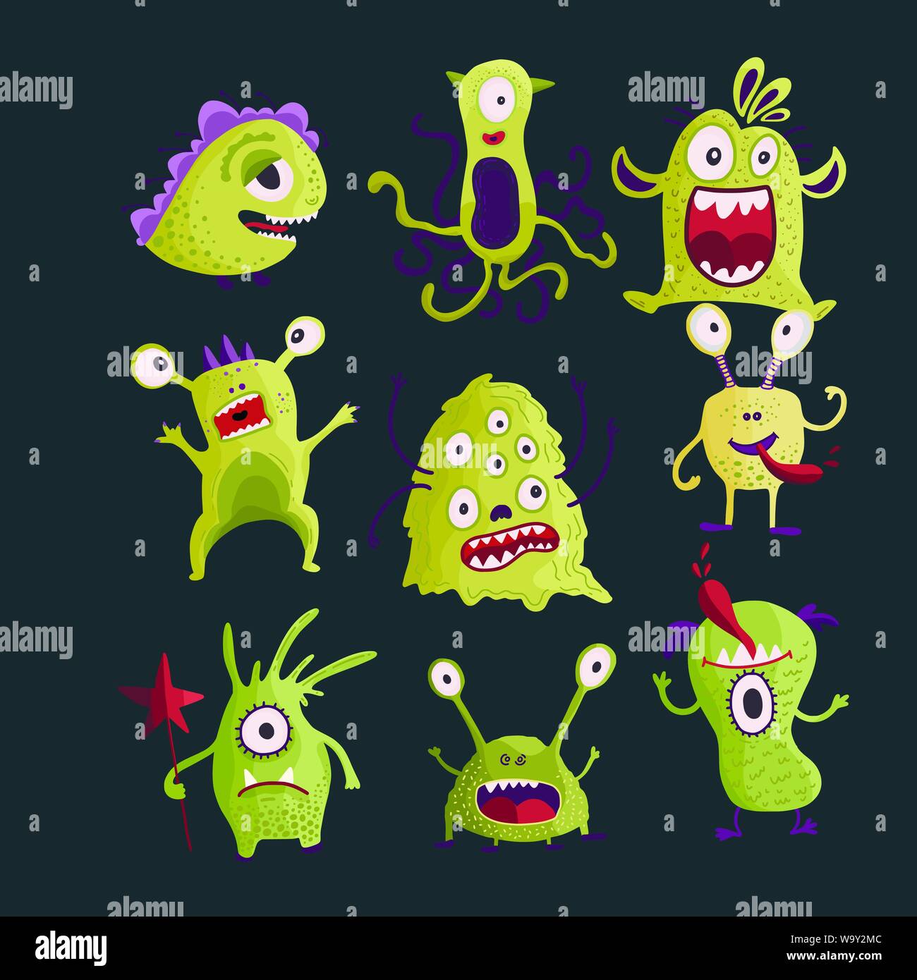 Cute cartoon vector monster icons in a flat style. Handdrawn stickers ...