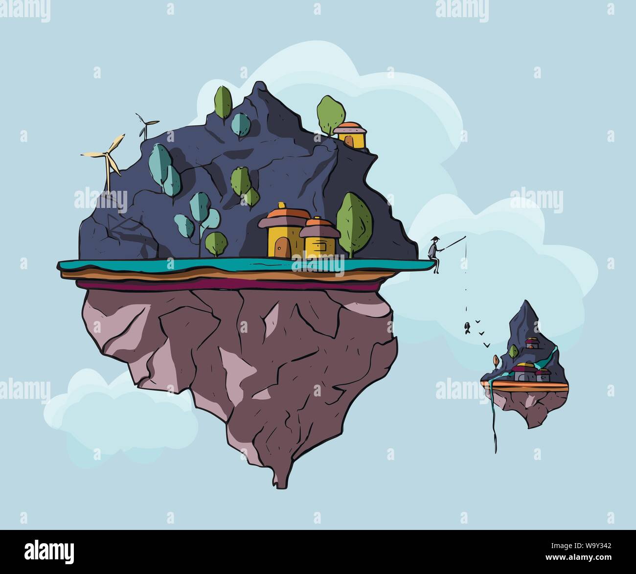 Floating island, 3d fantasy earth, green landscape. Cartoon magic eco ...