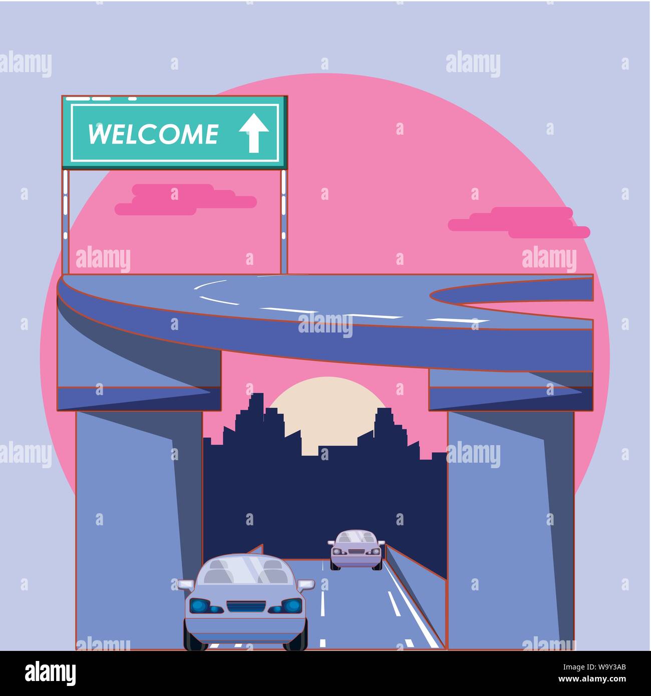cars on the road and welcome sign over purple background, colorful ...