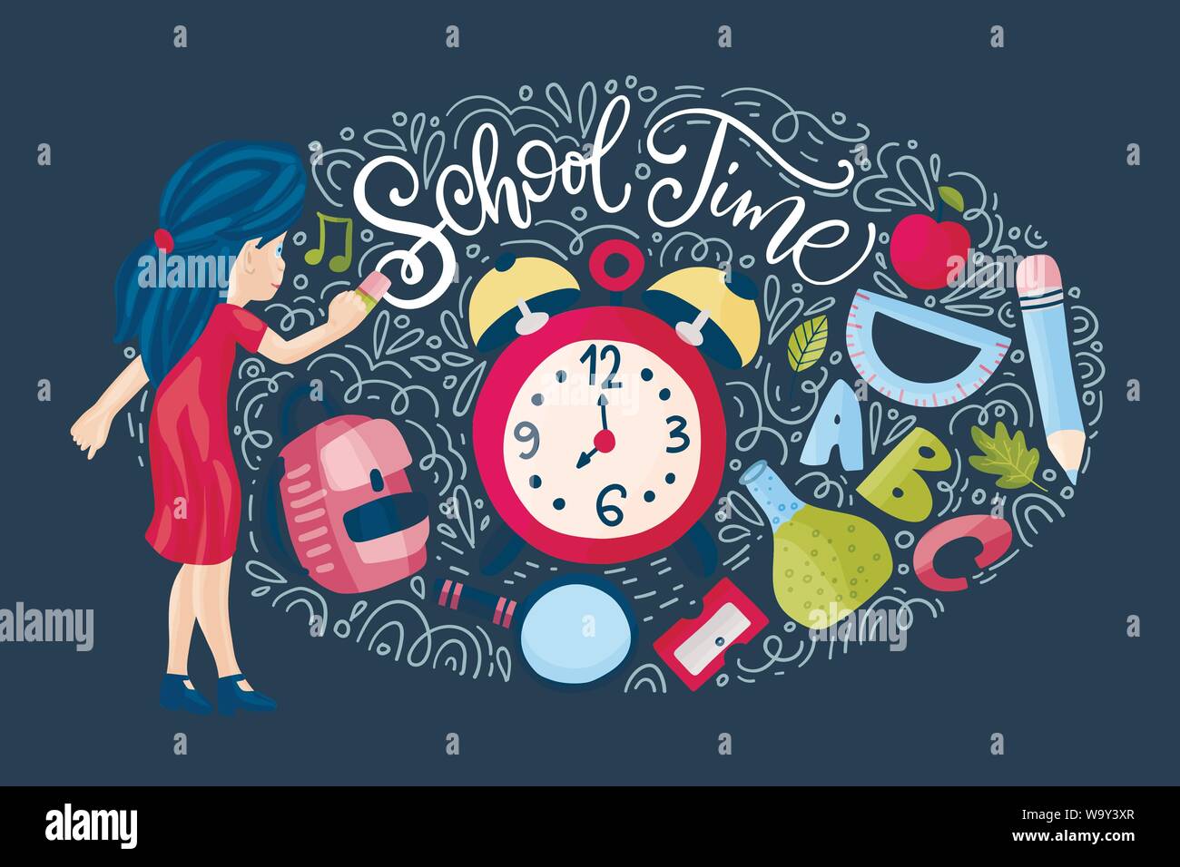 Vector school card with flat and doodle illustrations and hand drawn ...