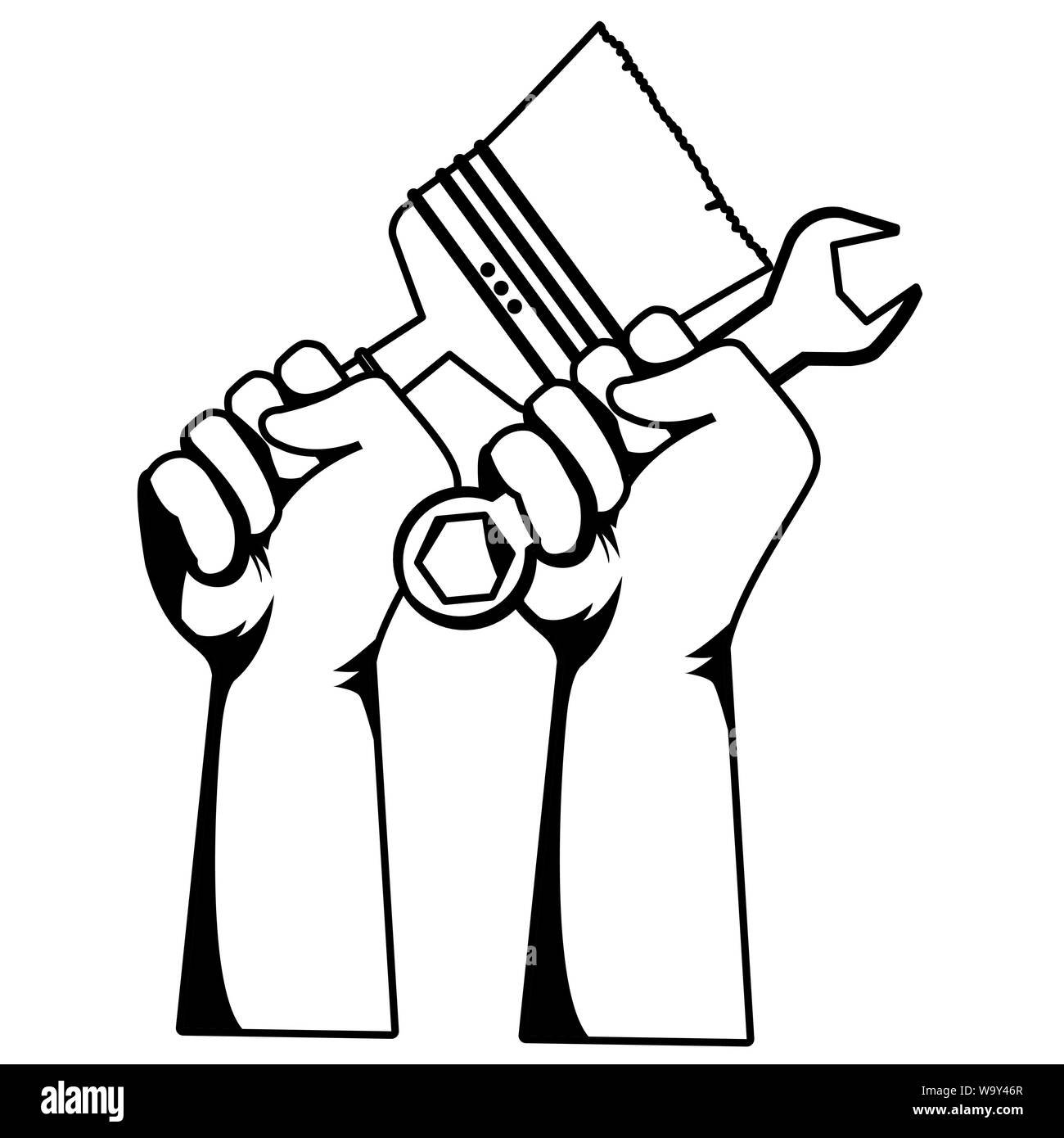 Construction worker hands with tools in black and white Stock Vector ...