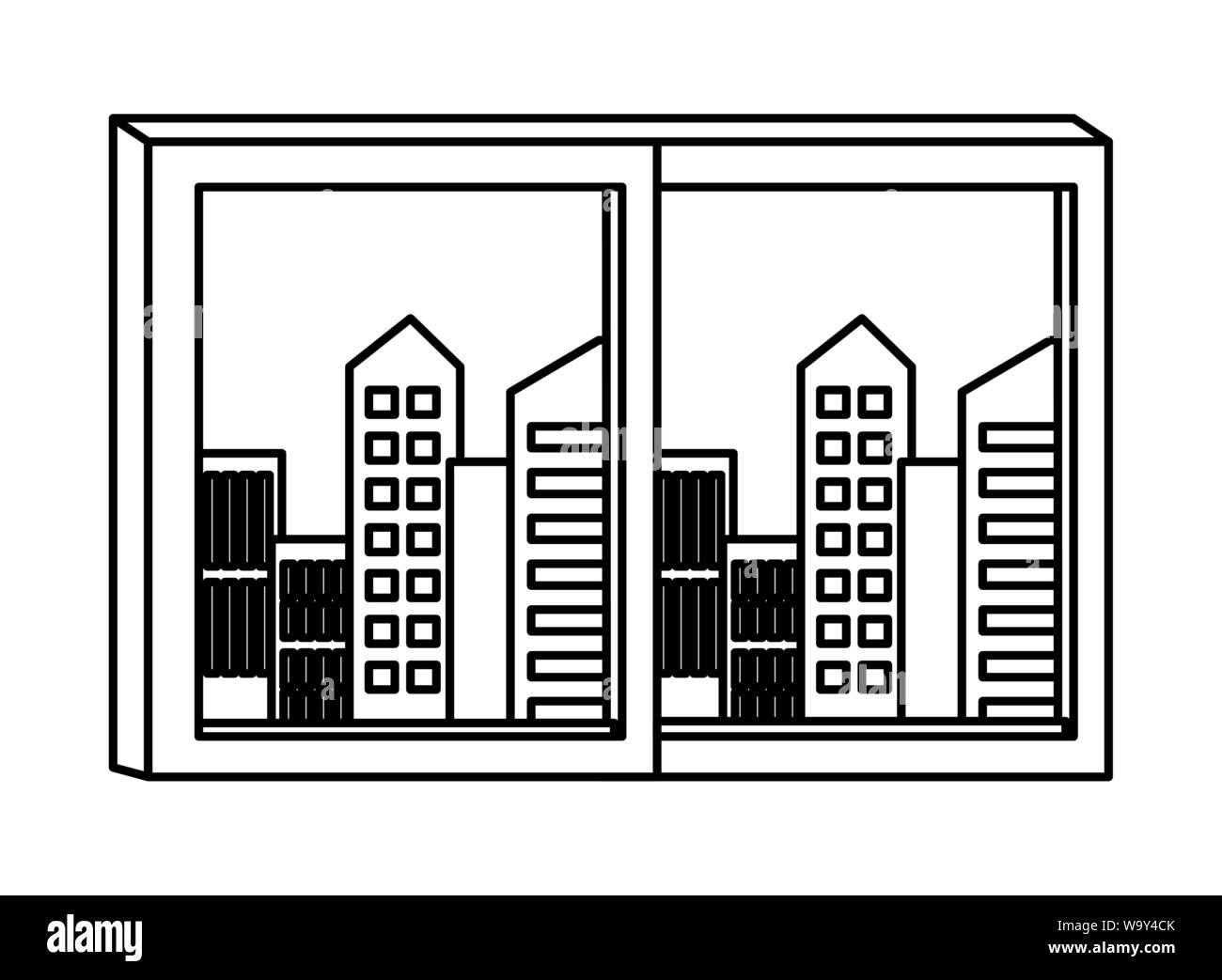 Windows with cityscape view cartoon in black and white Stock Vector ...