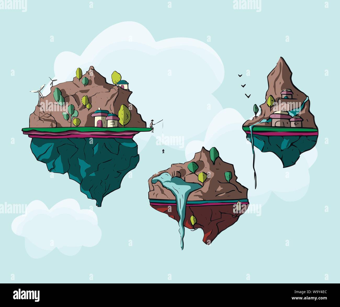 Set of floating island, 3d fantasy earth, green landscape. Cartoon ...