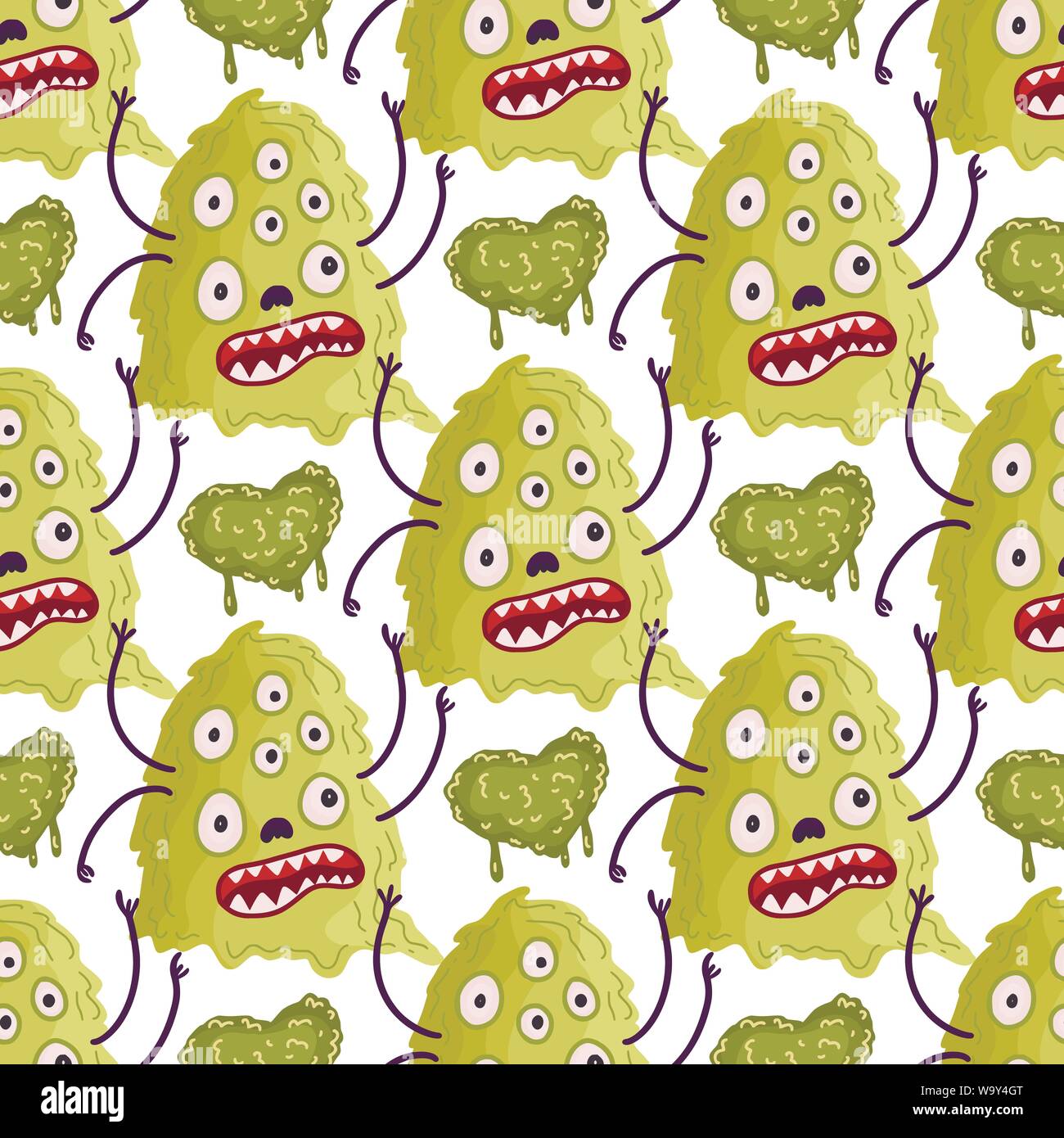Cute cartoon vector seamless pattern with cute color monsters in a flat ...