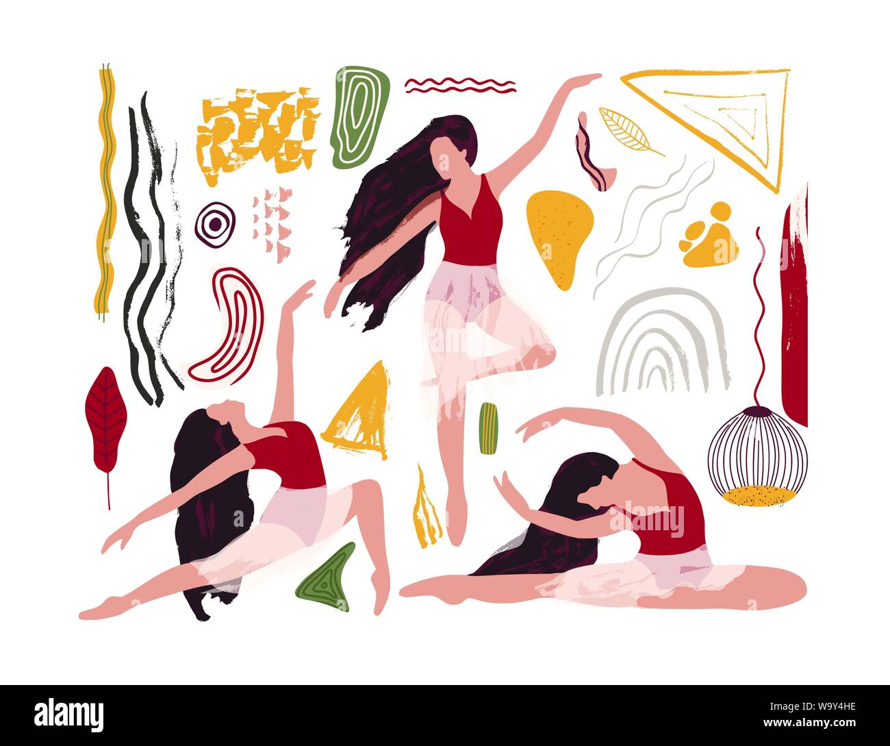 Ballet dancer girl icon set. Modern color dance poses drawing. Abstract ...