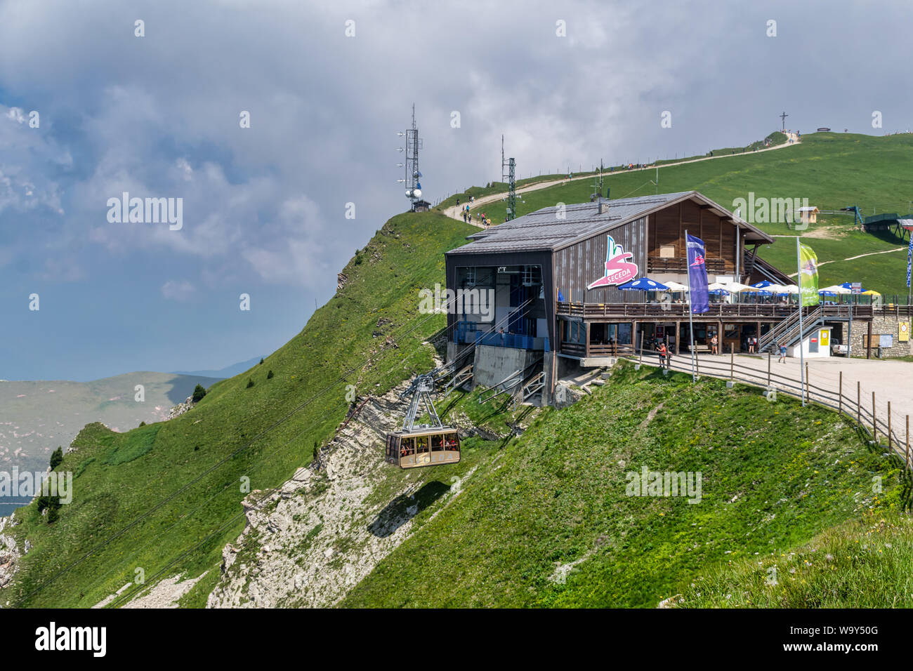 Seceda, Italy - July 25, 2019 - This is the cable car stop at the top ...